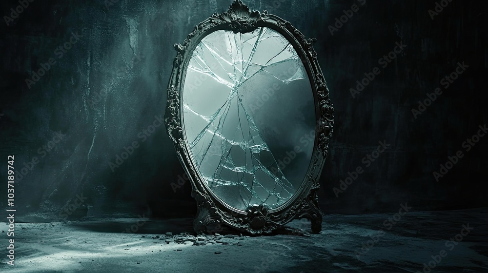 A broken ornate mirror, its cracked frame illuminated by faint light in ...