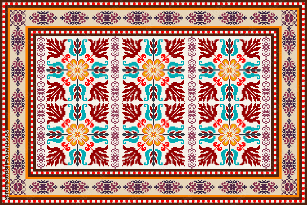Pixel art rug pattern with intricate floral motifs, bold colors and ...