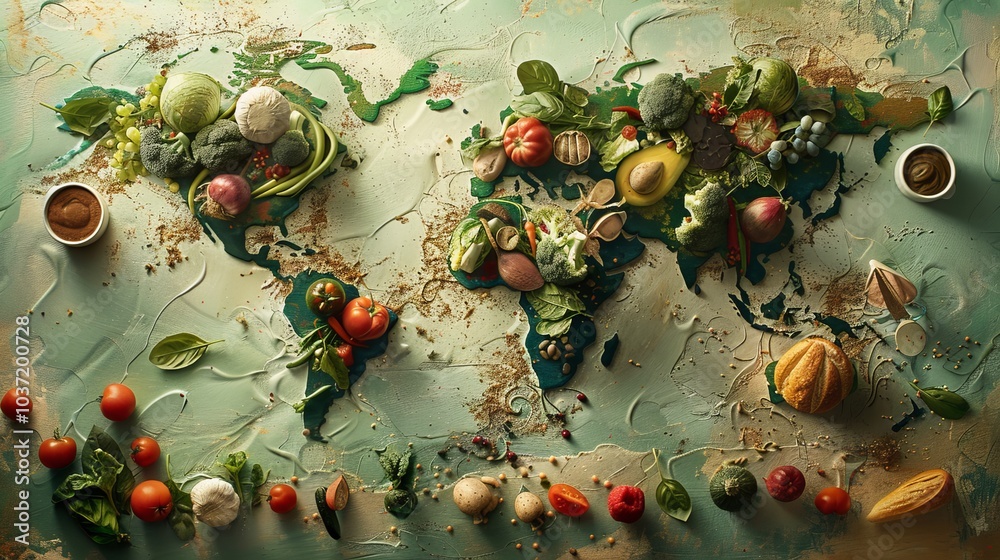 Vibrant artistic world map highlighting native vegan products from each ...