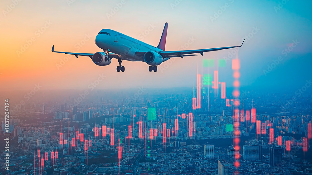 Airplane flying over city with stock market graph overlay. Concept of ...
