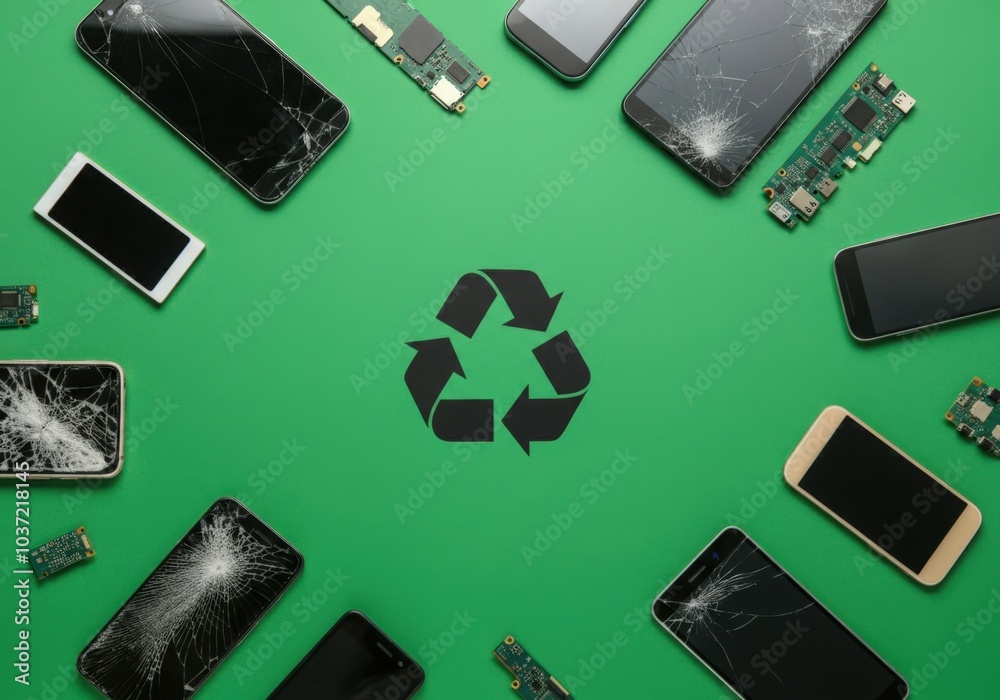 Broken smartphones surrounding a recycling symbol on a green background ...