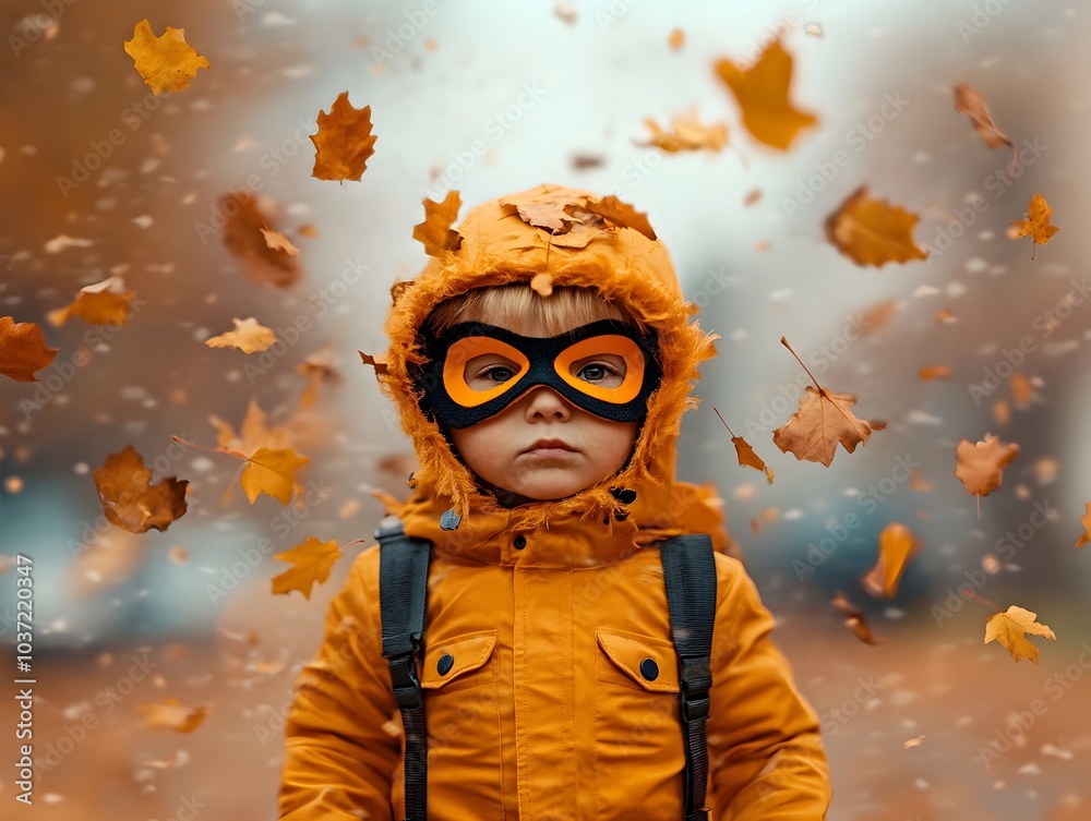 Autumn leaves swirling around a child dressed in a superhero costume ...