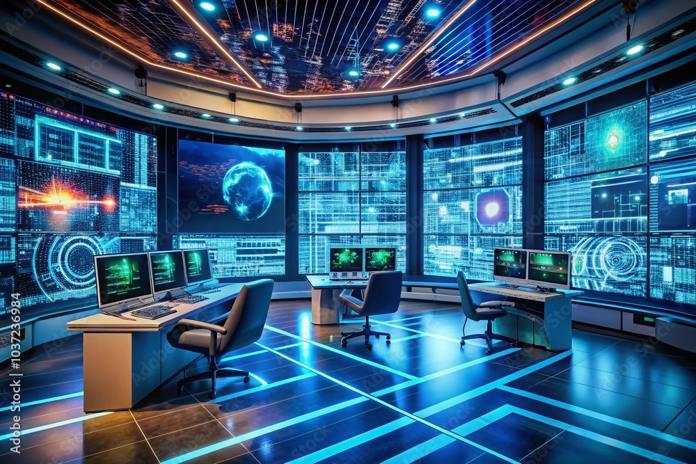 Futuristic Control Room with Advanced Interfaces and Glowing Displays ...