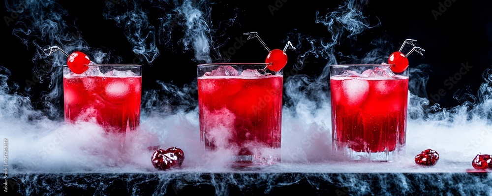 A vampire-themed cocktail table with blood-red drinks, dry ice fog, and ...