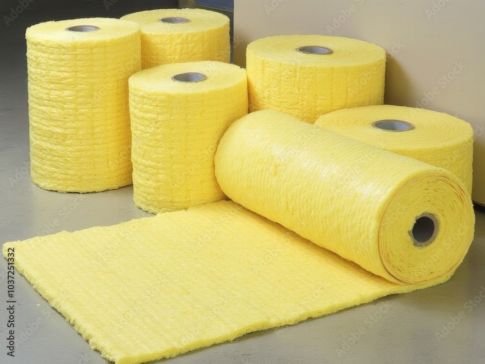 Large rolls of yellow fiberglass insulation displayed on a warehouse ...