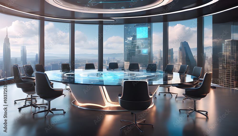 A 2024 conference room with a floating touch screen above the table ...