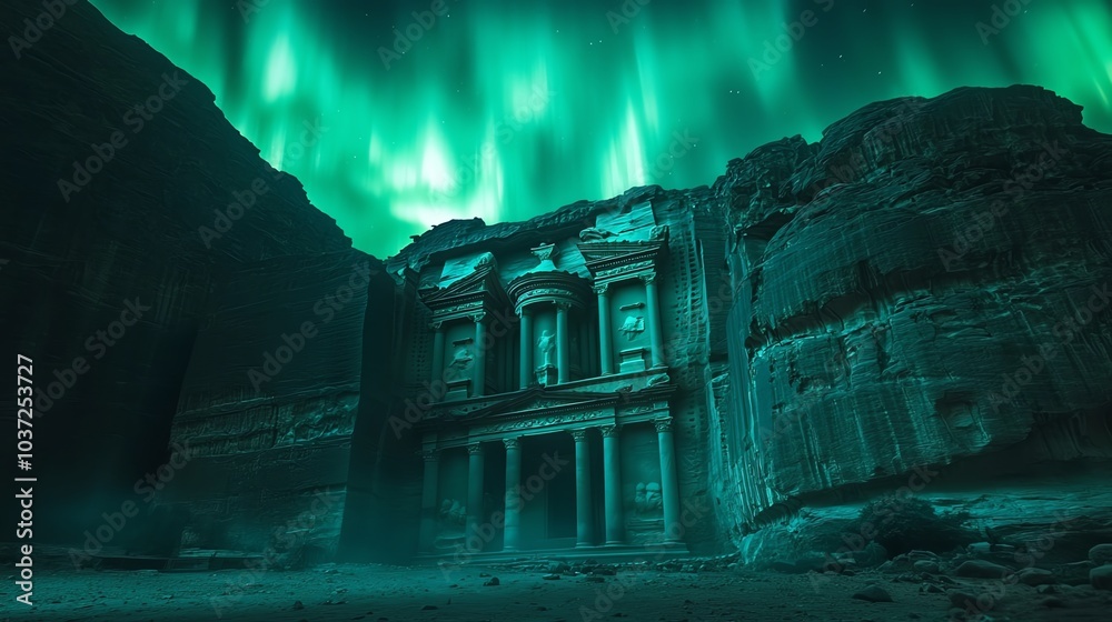 Aurora Borealis streaking across the night sky over the ancient ruins ...