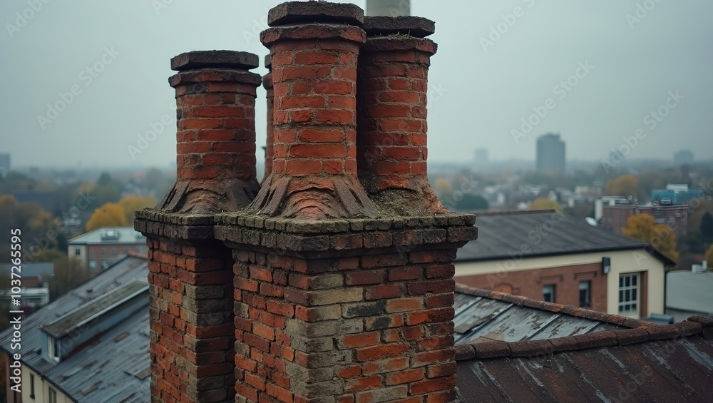 Rustic brick chimney on old warehouse roof with rust and soot Stock ...
