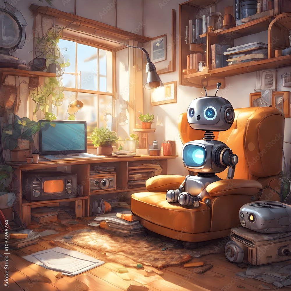 A friendly and safe babysitter robot plays with a child in a living ...