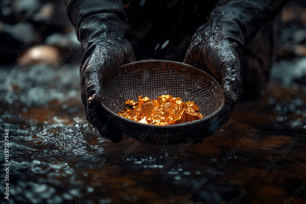 Gold miner sifting gold nuggets in a sieve on the hands on a river close up background. Stock ...
