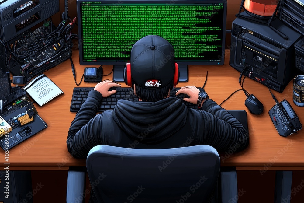 Black hat hacking, shown in pixel art style, with a hacker sitting at ...