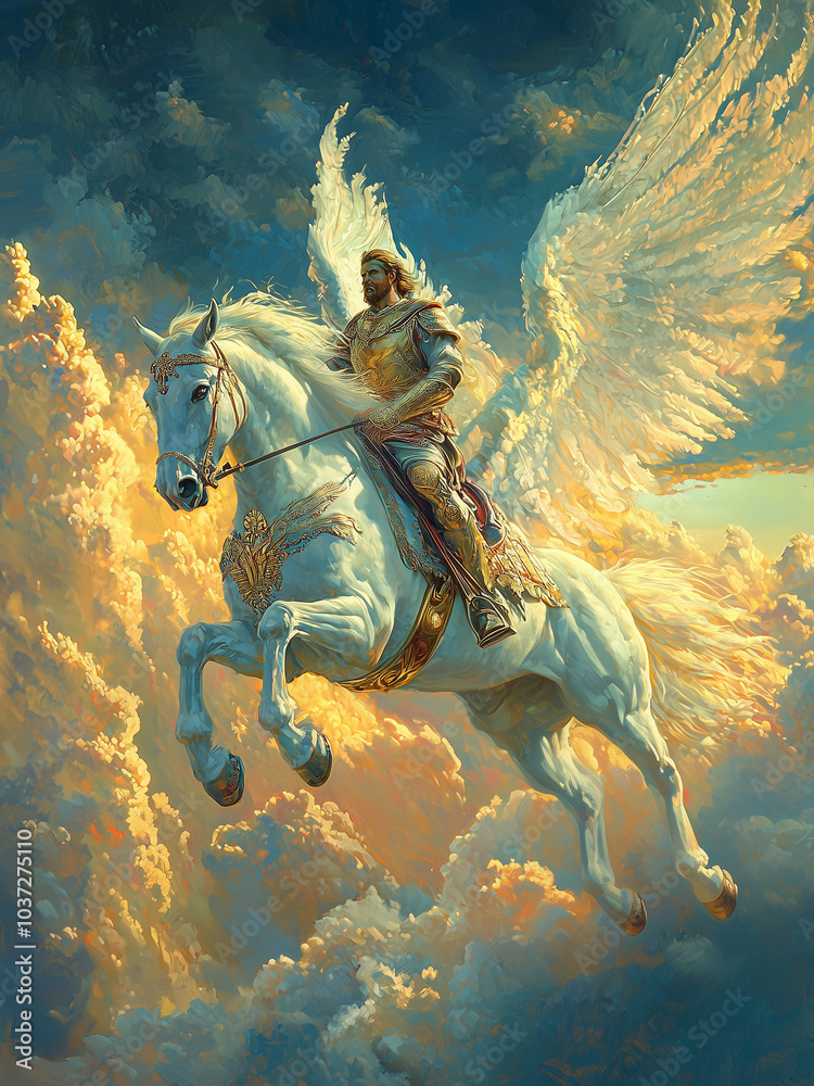 Bellerophon’s Flight - angel, horse, wings, fantasy, clouds, mythical, rider, powerful, heaven ...