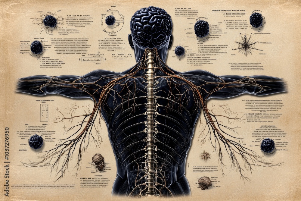 Lymphatic system, illustrated in a retro medical chart style, with old ...