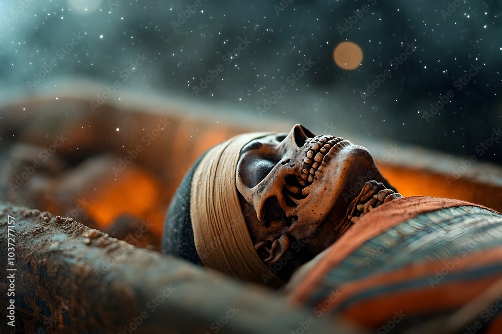 Haunting ancient Egyptian mummy rising from its sarcophagus skeletal ...