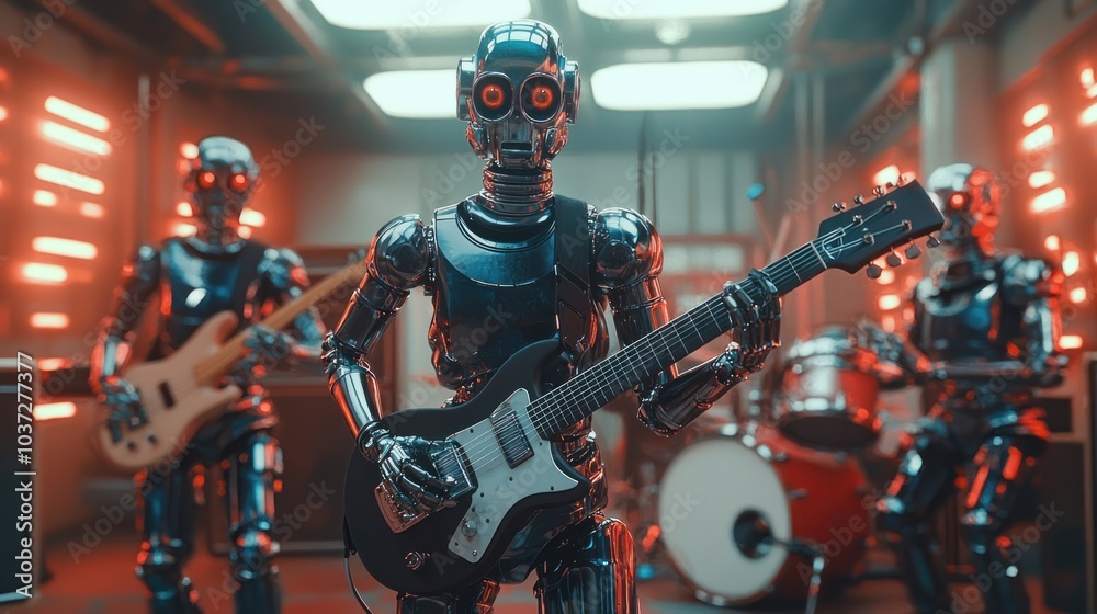 Robot Rock Band Performing with Electric Guitars and Drums in a Neon ...