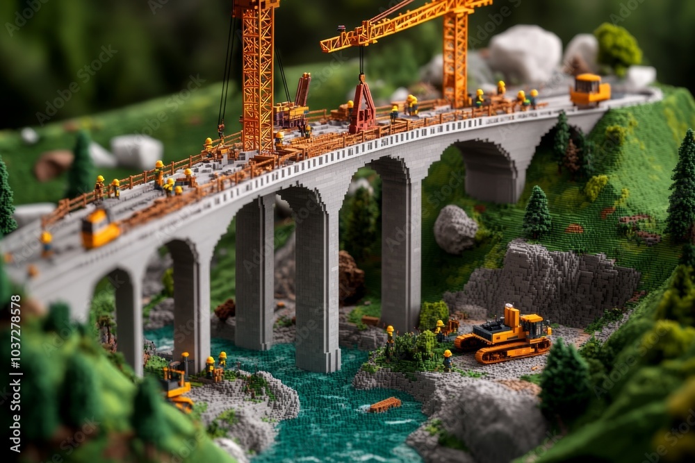 Pixel art of a construction site with engineers building a bridge, with ...