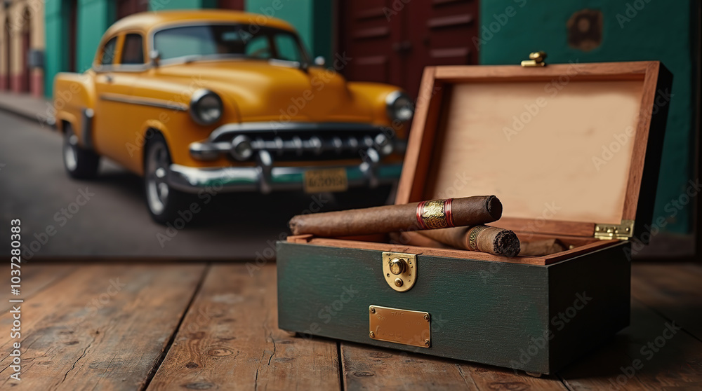Cuban cigars in a humidor on rustic table with classic car painting ...