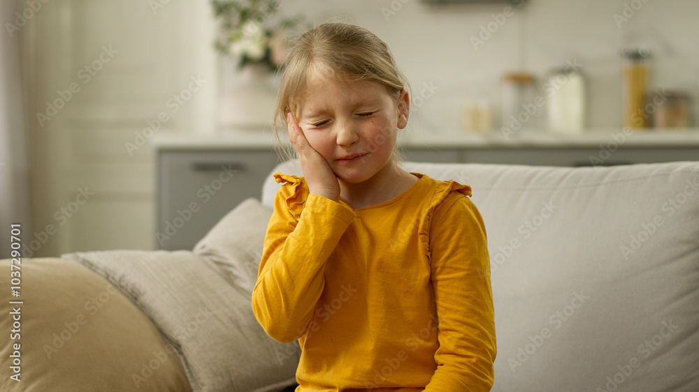 Little girl home biting eat apple food nutrition grabbing tooth pain ...