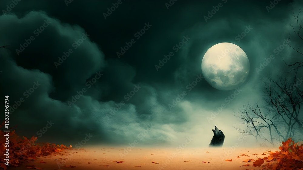 Menacing werewolf howling at a full silvery moon on a chilly Halloween ...