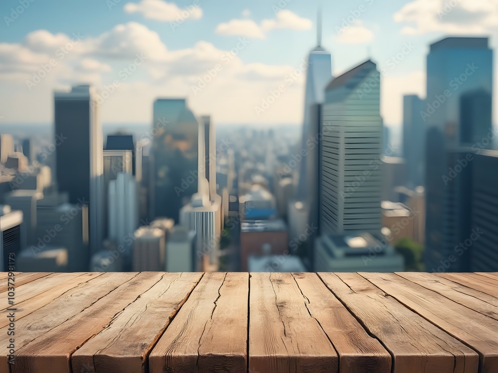 Empty wooden table with city skyline background, rooftop outdoor space ...