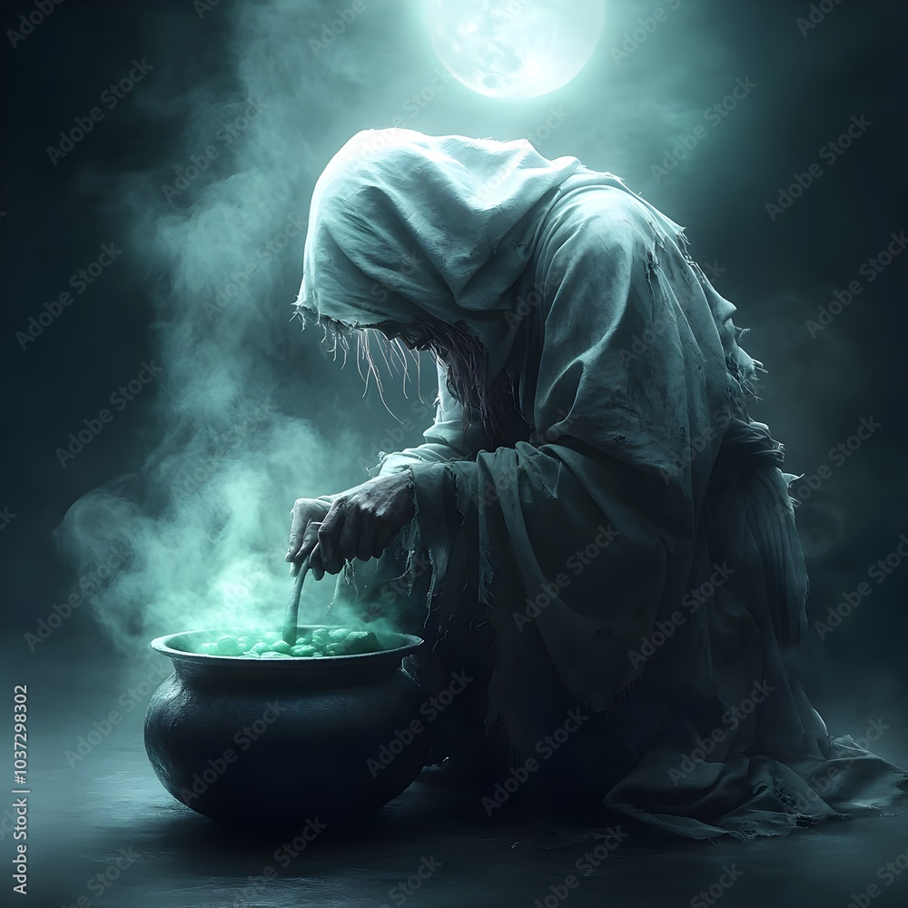 Wicked haggard witch in a tattered cloak hunches over a simmering ...