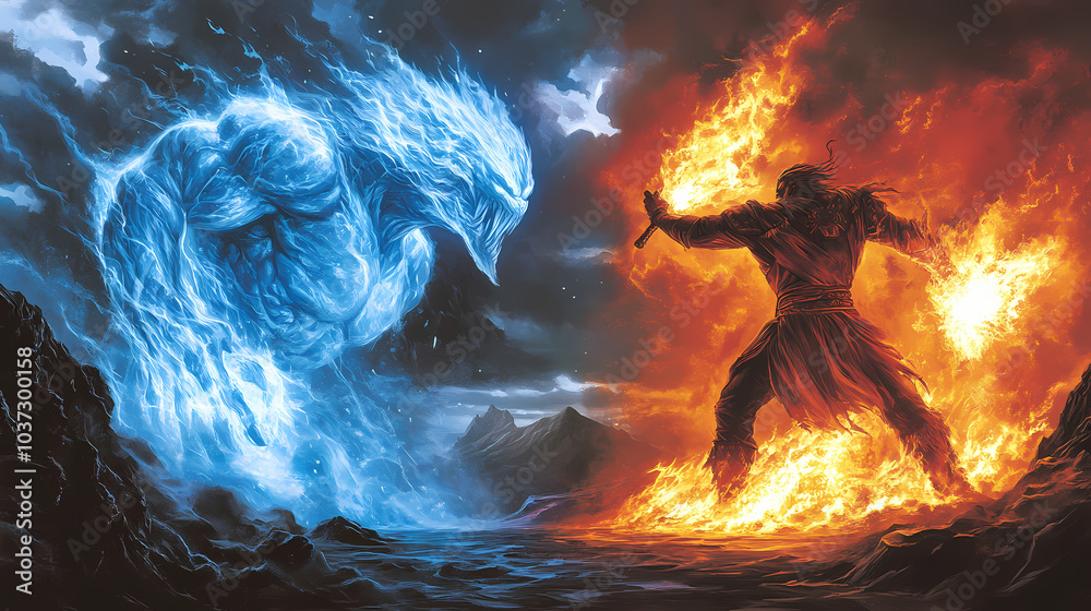 A colossal elemental battle between fire and ice unfolds at dusk with a ...
