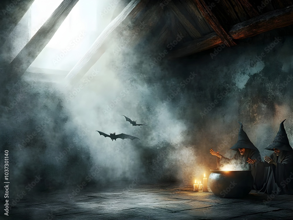 Crone Witches Chanting Incantations Over Bubbling Potion in Dimly Lit ...