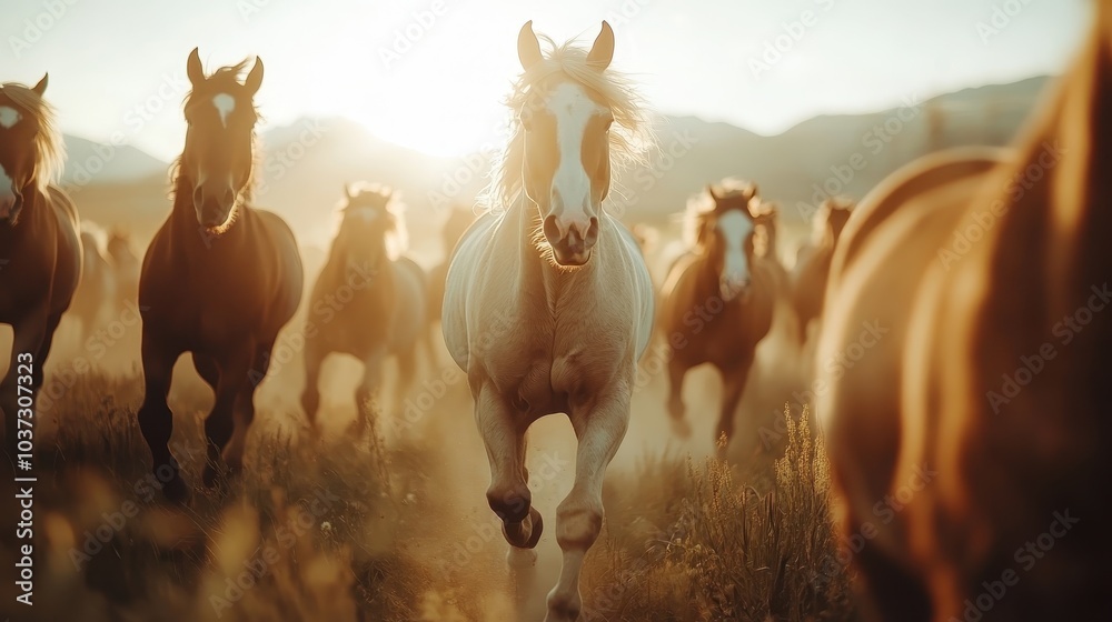 A dynamic capture of horses running through a scenic field during ...