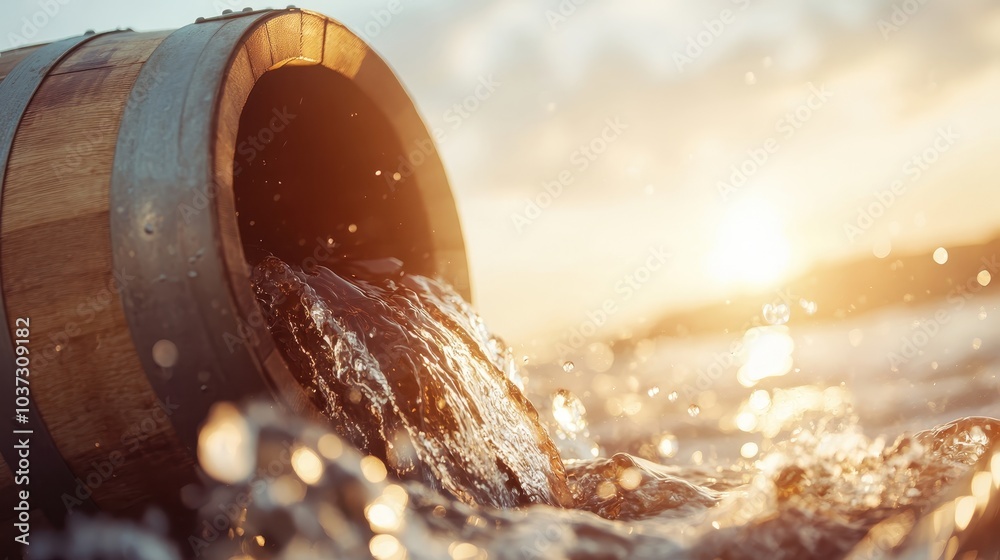 An ancient wooden cask is tilted, pouring water gracefully into the ...