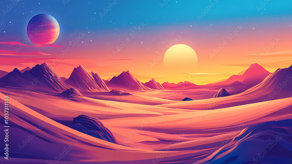 Alien desert landscape with setting sun and planetary skies. Alien ...