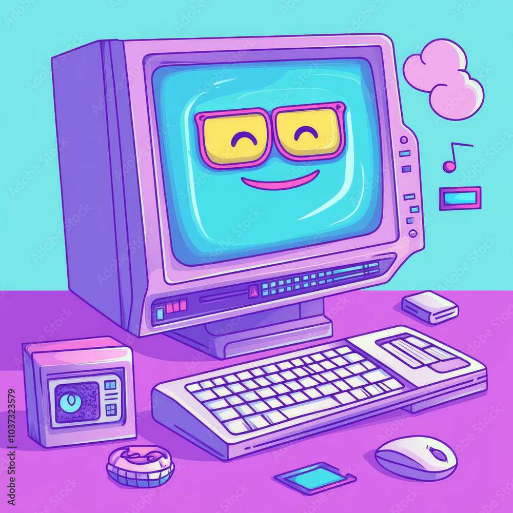 Retro browser computer window in 90s vaporwave style with smile face ...