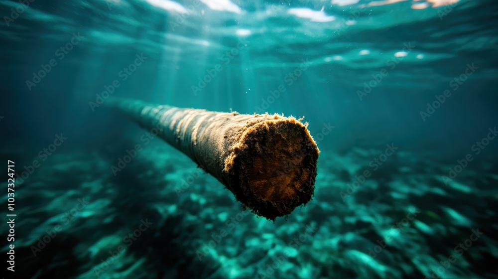 An underwater photograph capturing a rusted pipe in pristine waters ...