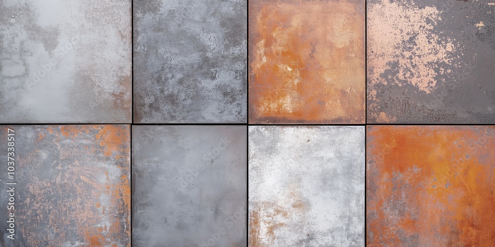 Weathered steel and copper panels with varying levels of rust and ...