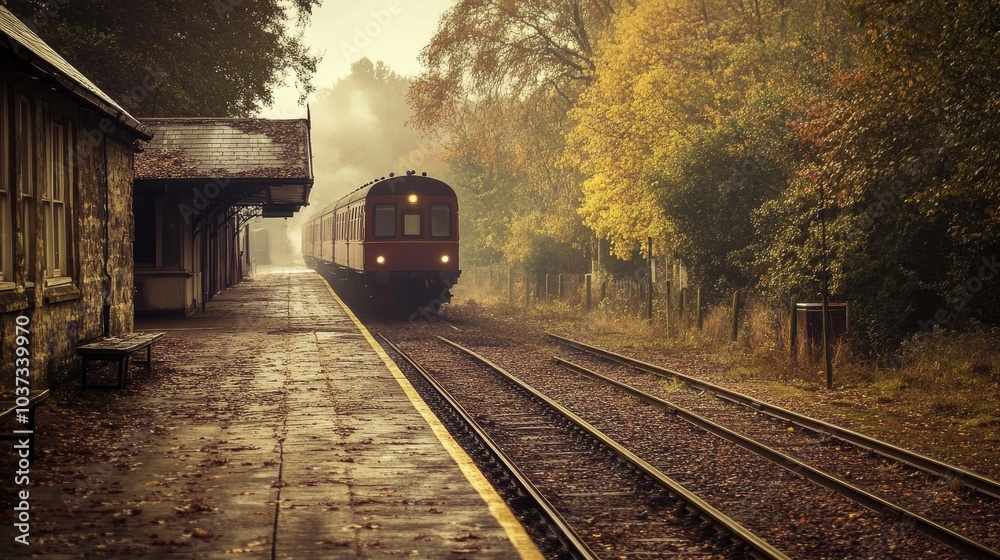 A lonely platform at a rural railway station as an old-fashioned train ...