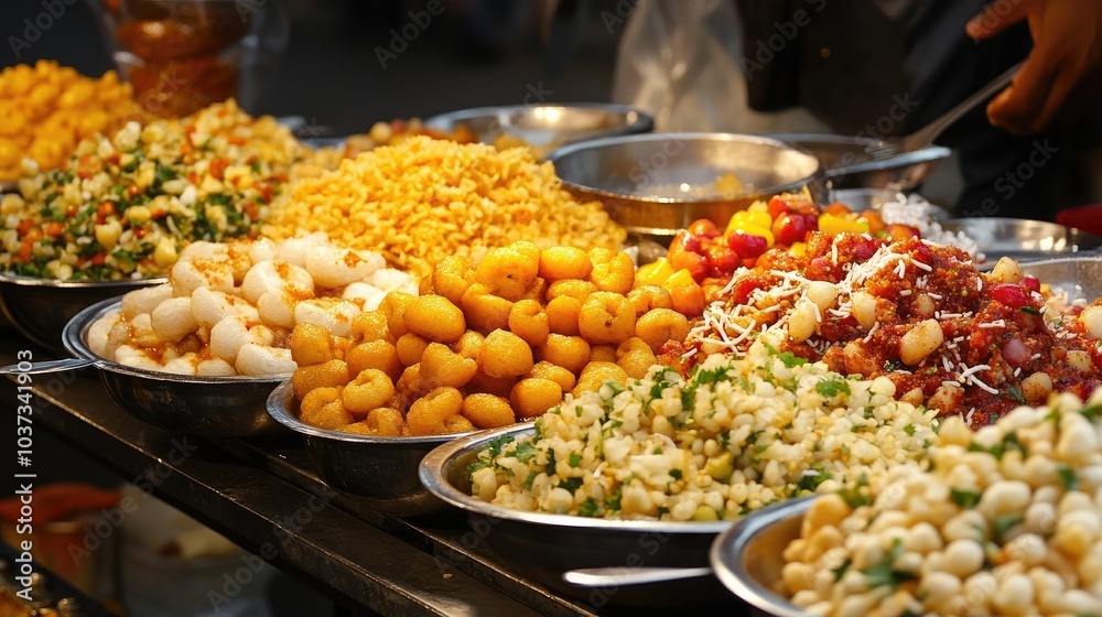 A vibrant chaat platter filled with pani puri, bhel puri, and sev puri ...