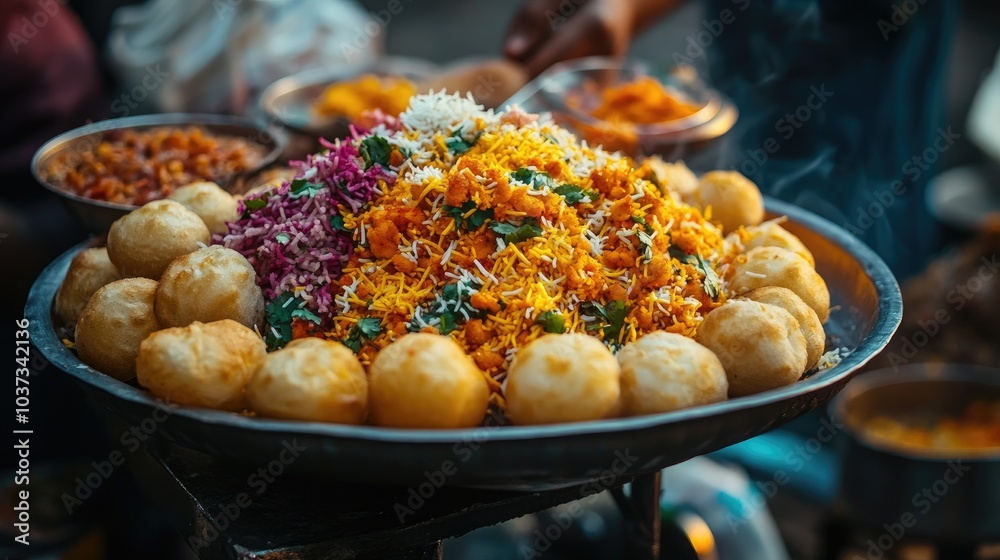 A vibrant chaat platter filled with pani puri, bhel puri, and sev puri ...