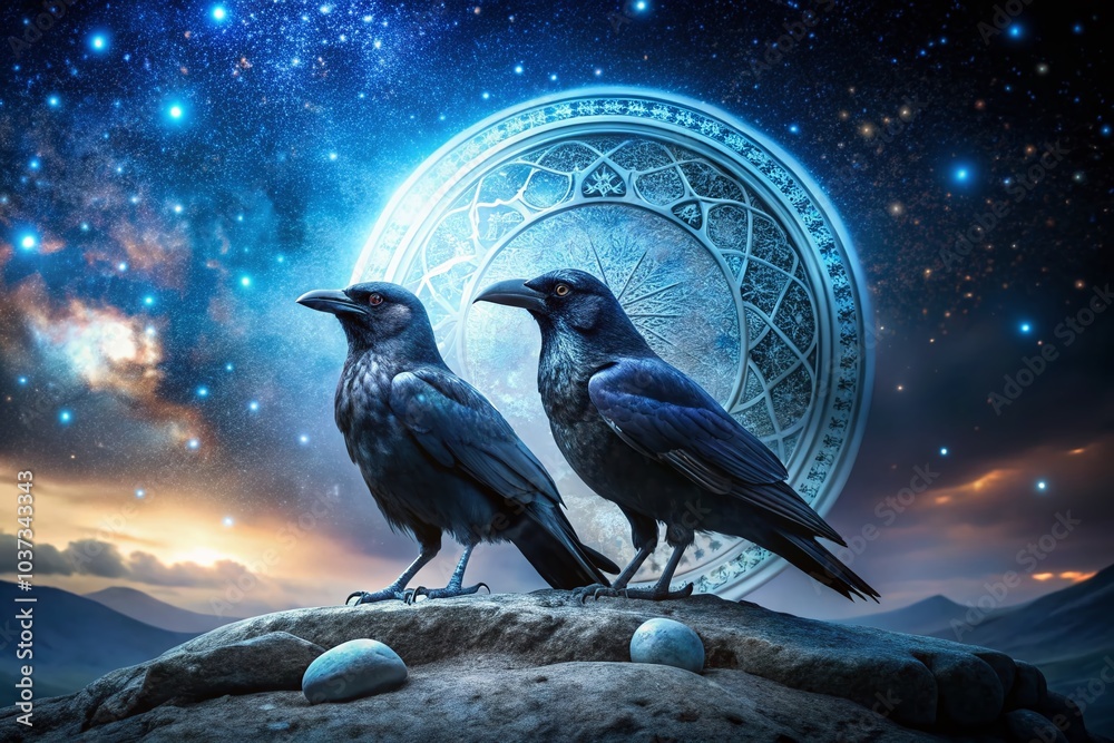 Night Photography of Huginn and Muninn Ravens with Runic Symbols in Old ...