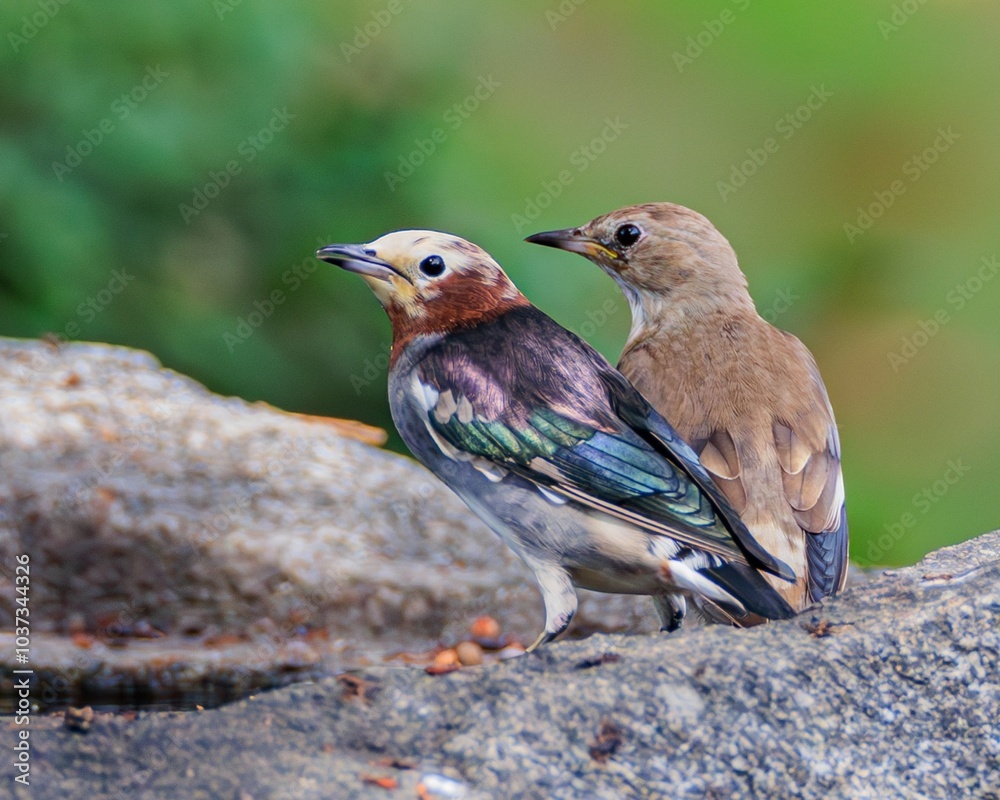 Two birds standing on rocks in a garden amidst nature and landscape of ...
