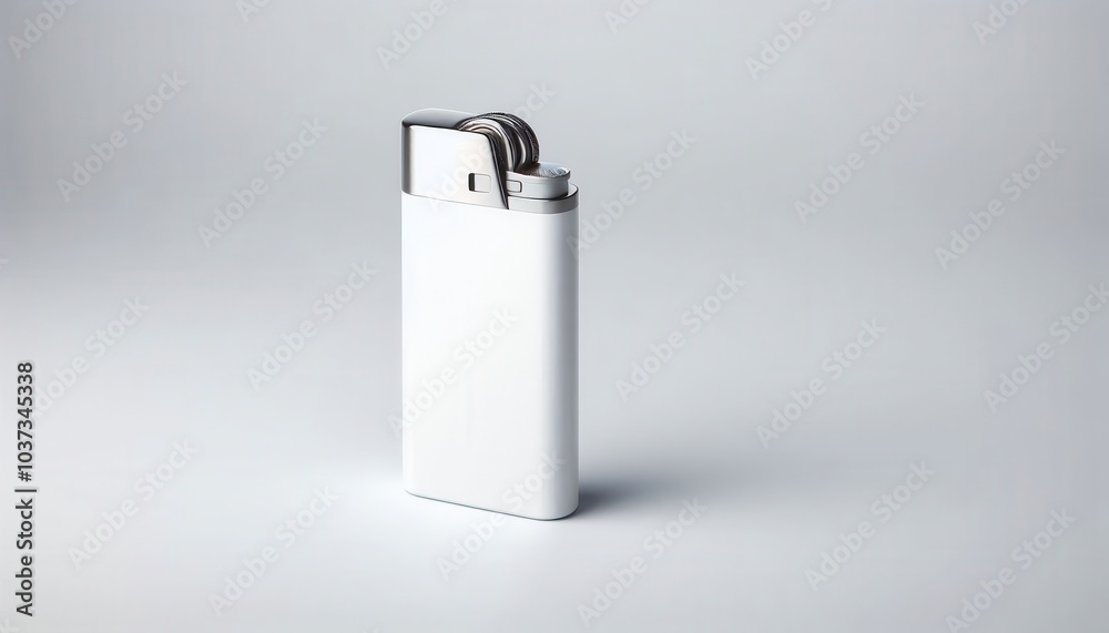 The white lighter is shown with its top slightly open, revealing the ...