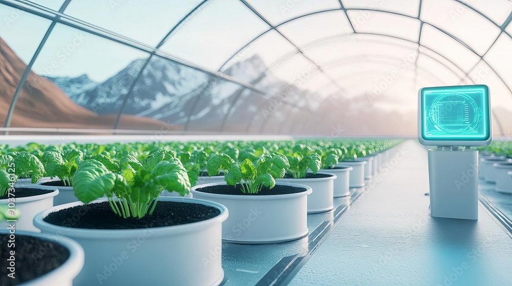 High-tech farm on alien landscape, genetically modified crops, biomes ...