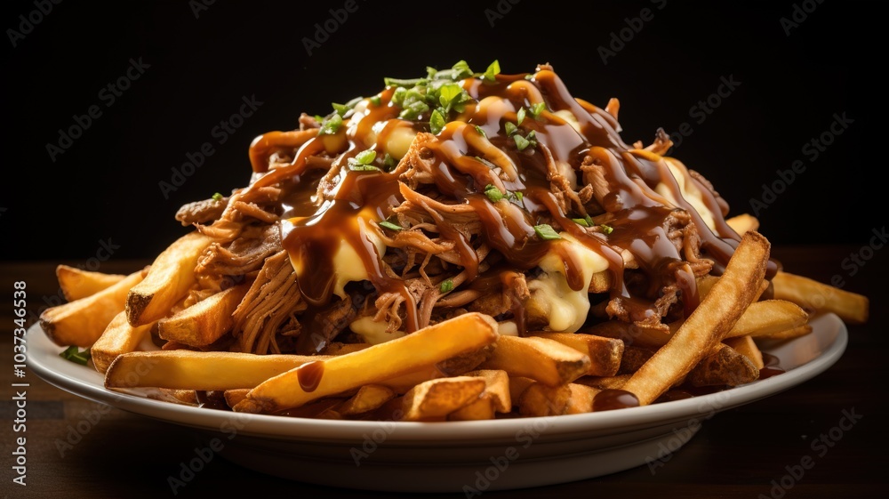 A detailed close-up of a loaded poutine with pulled pork, saued ...
