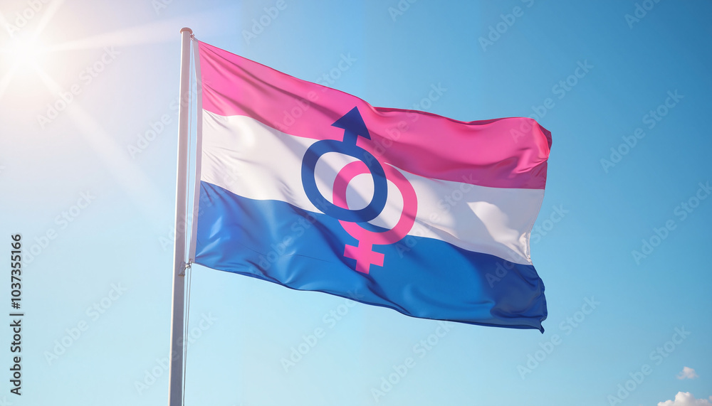 Gender fluidity flag with male and female symbols waving in the sun ...