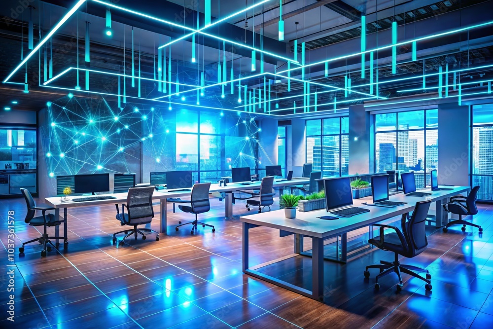Modern neon cyberpunk open space office interior blurred with ...