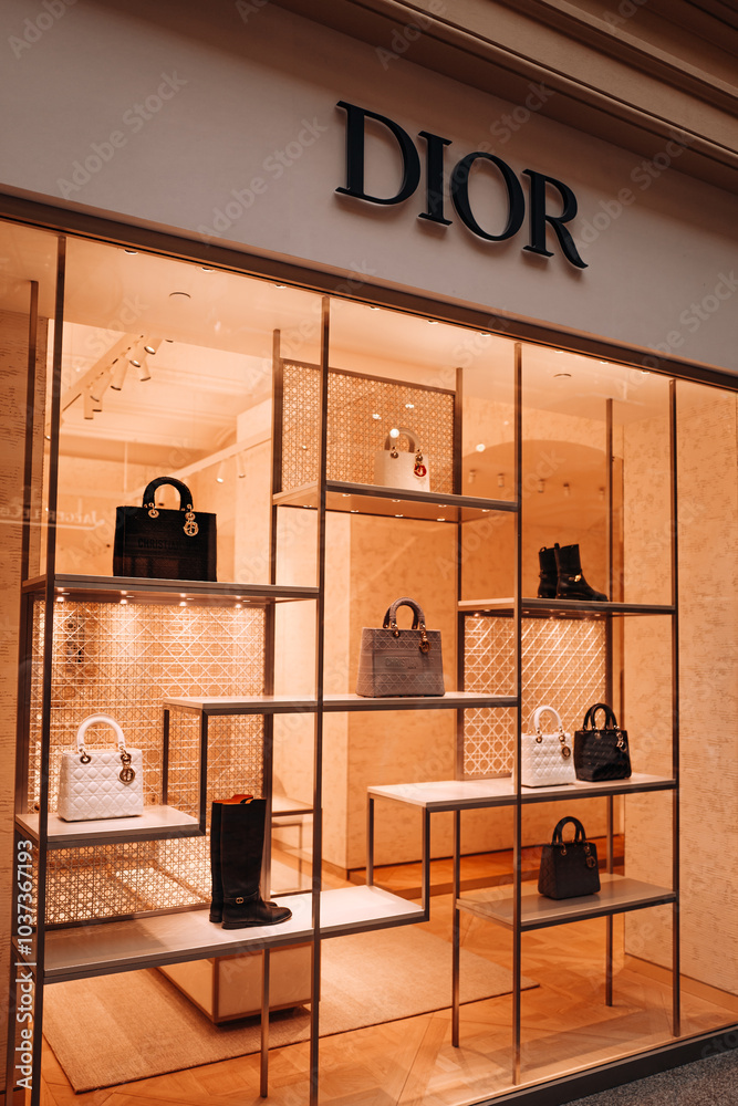 Famous luxury boutique Dior, indoor showcase with fancy bags. Christian ...