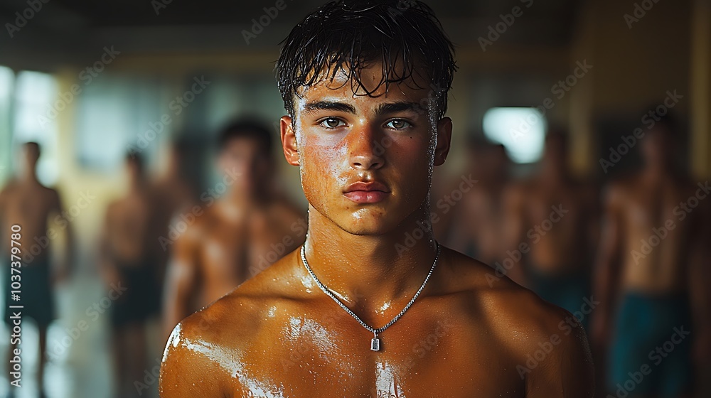 High school senior firefighter flexes his muscles in gym class, his ...