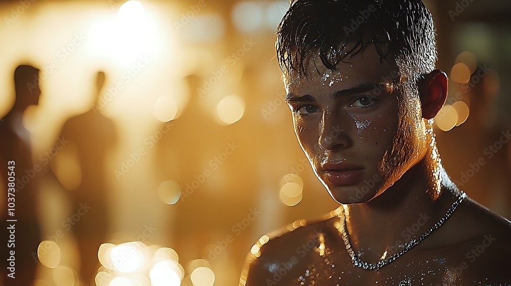 A high school senior firefighter flexes in a tight t-shirt during gym ...