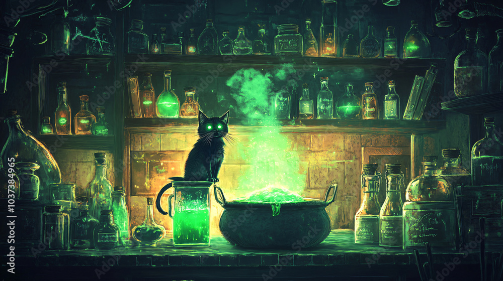"Witch's Enchanted Potion Room": An ancient, dimly lit witch’s lair ...