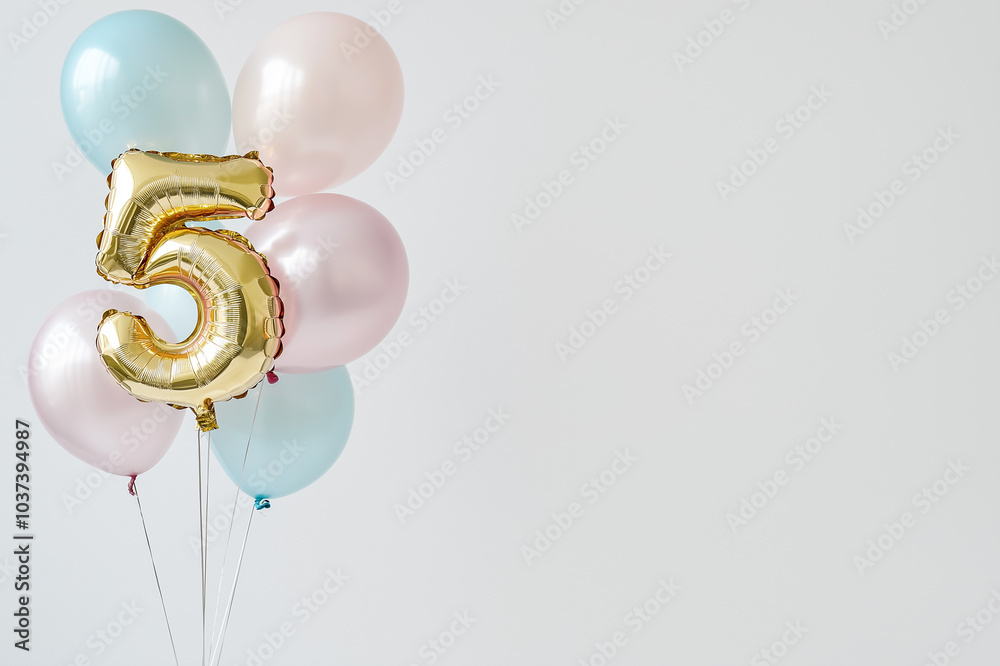 Gold number 5 balloon with pastel blue and pink balloons for fifth ...