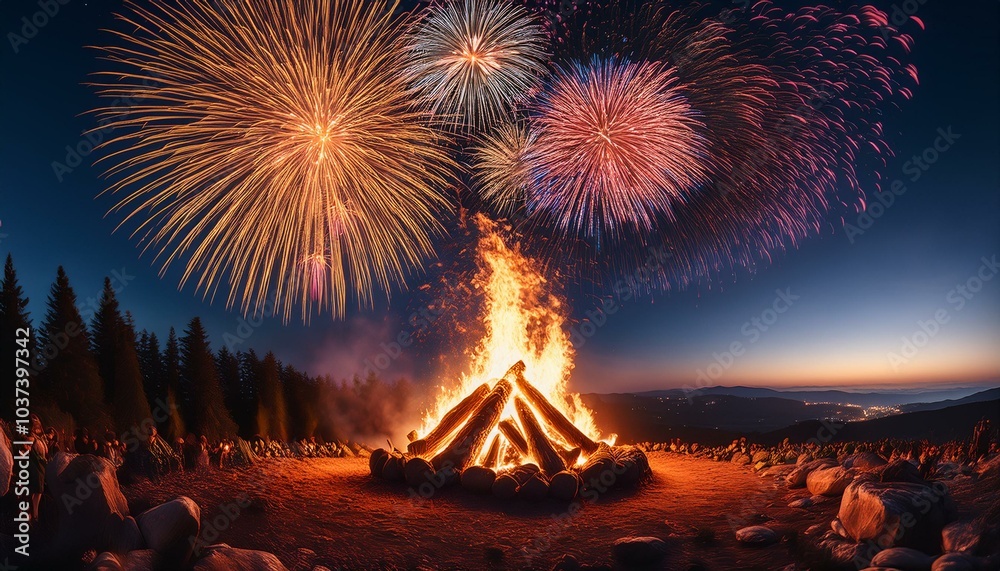 crackling bonfire with vibrant fireworks illuminating the night sky capturing the essence of guy ...