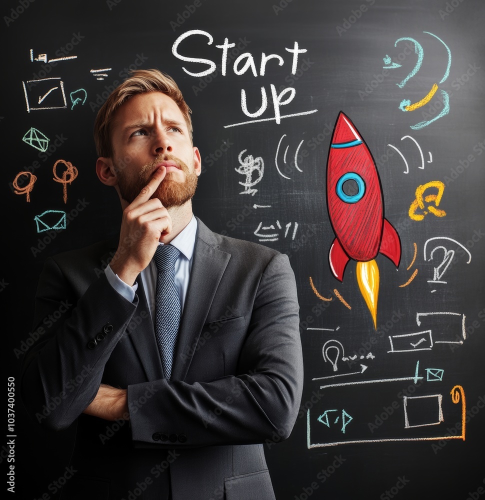 Strategic Vision: A pensive businessman contemplates his startup's ...